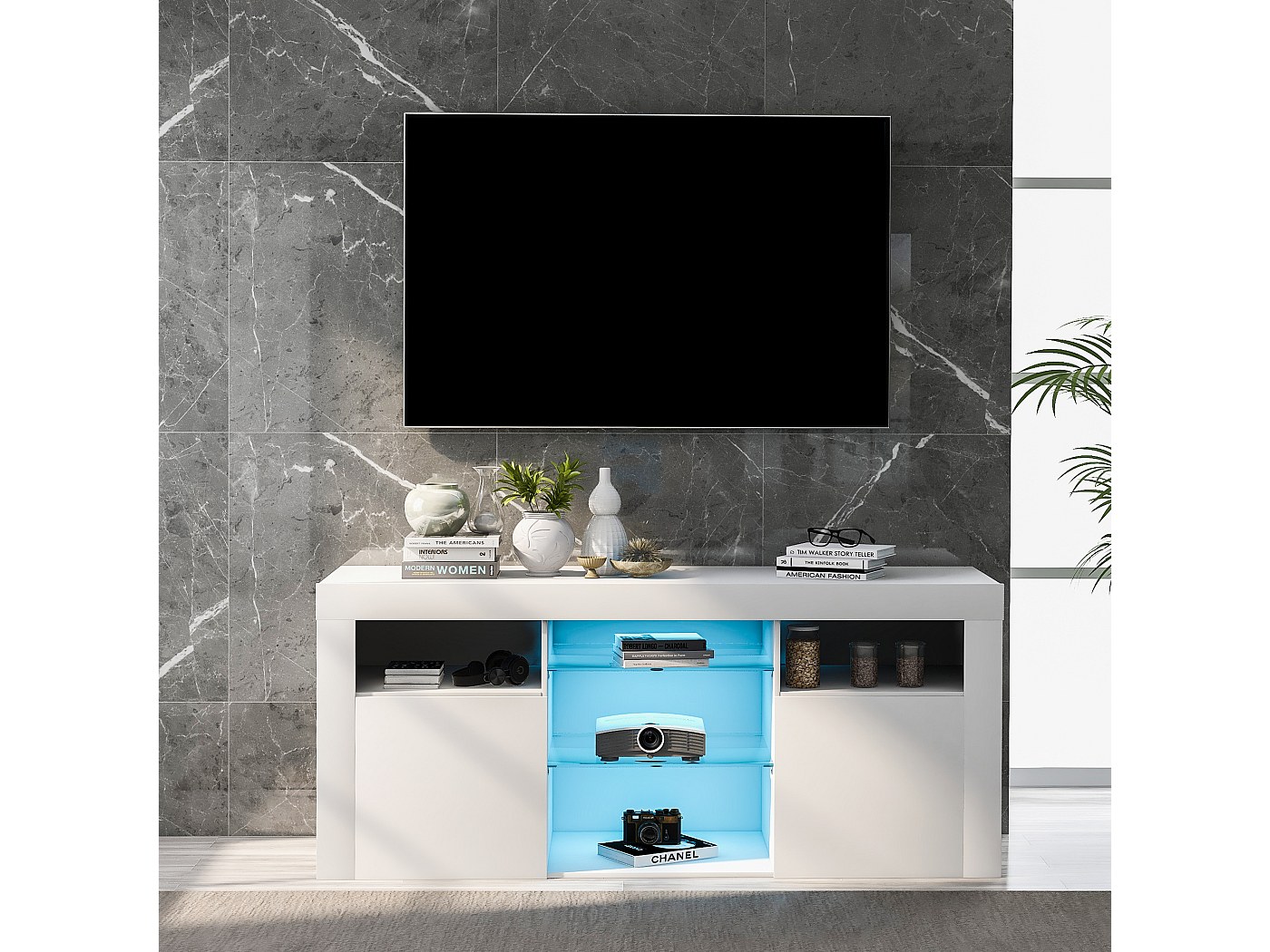 Mobile TV LED con illuminazione, 2 mobili con ante, bianco