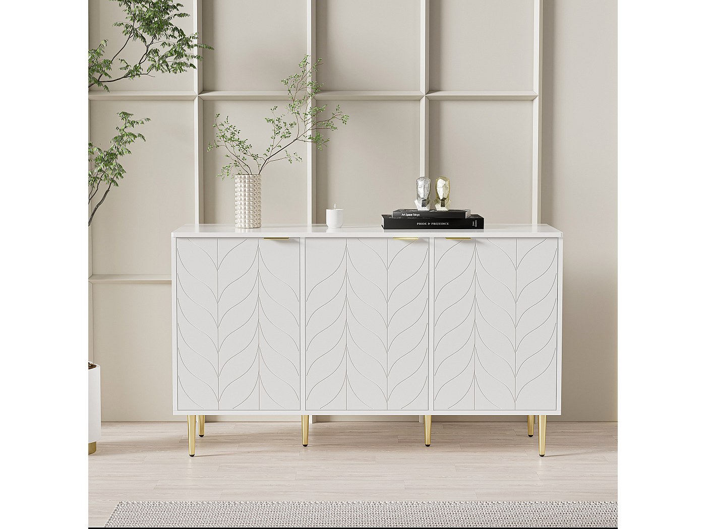 Buffet moderne avec pieds et poignées dorés, coins arrondis, 127l*45p ...