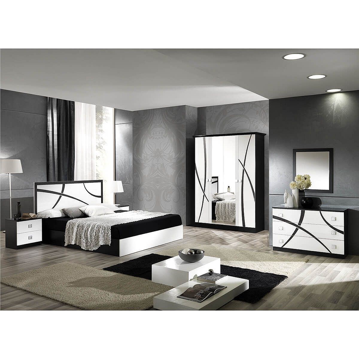 ALYSSA - Chambre Complète 160x200cm Blanche et Noire + Sommier AltoZone ...