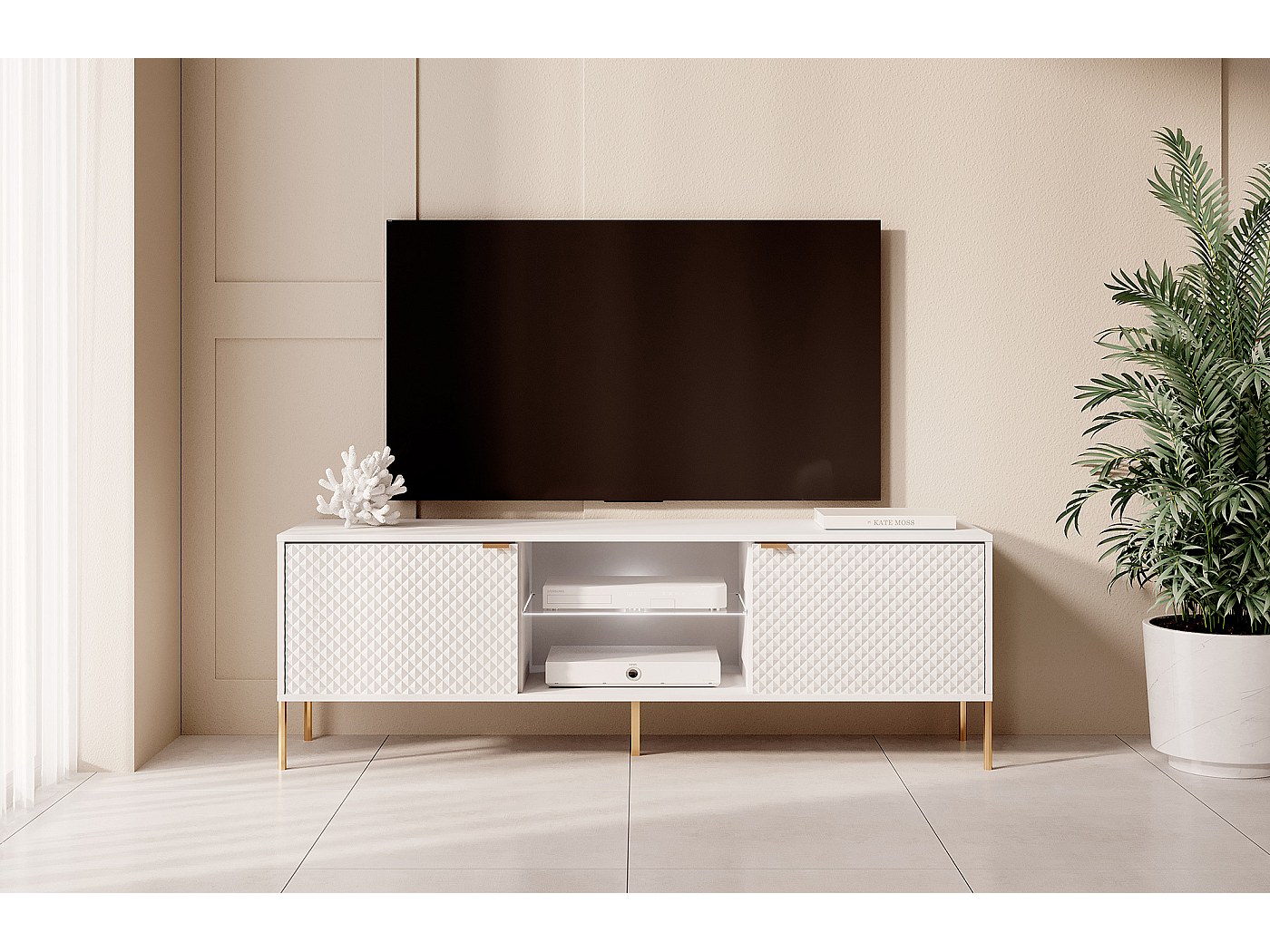 Mobile TV - 160 cm - con frontale scanalato, bianco con LED e piedini dorati - CALVIO