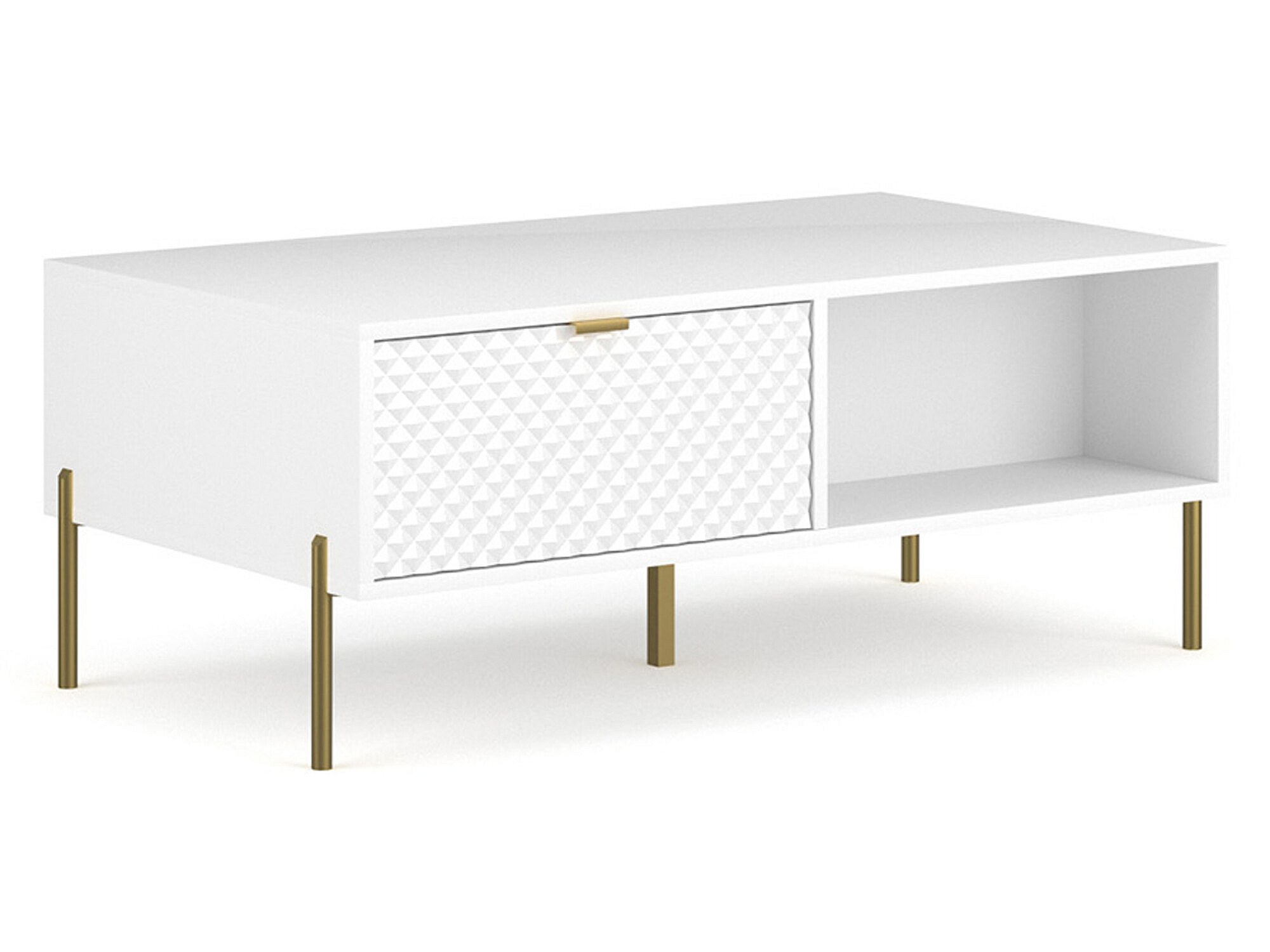 Table basse - façade cannelée, blanche avec pieds dorés - CALVIO