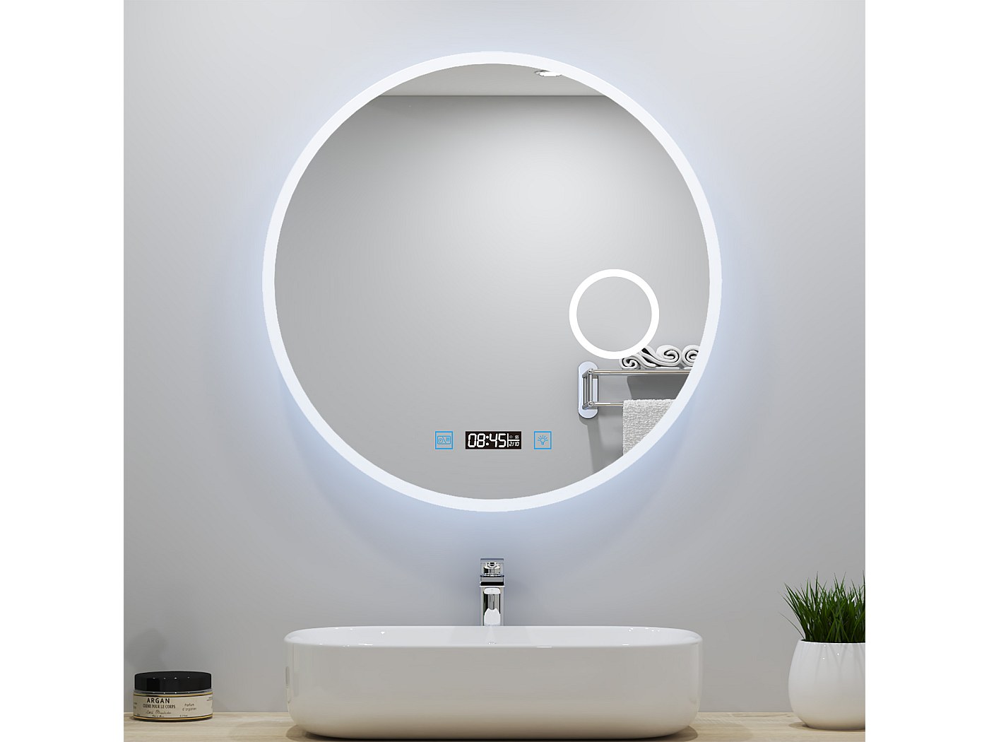 Miroir lumineux Rond 70cm avec Horloge + 3 Couleurs + Dimmable + Anti ...