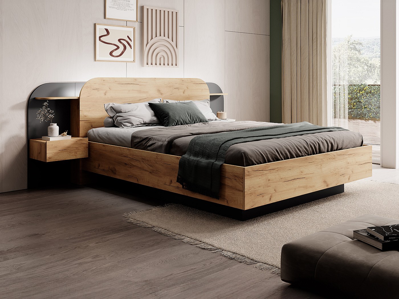 Cama con mesitas de noche 160 x 200 cm y LEDs en color natural y negro ...