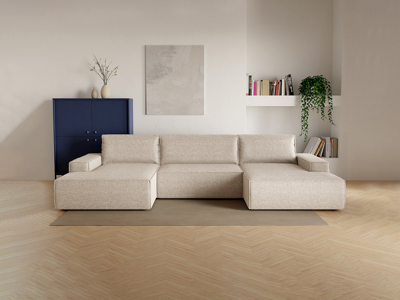 Grand canapé d'angle panoramique convertible en tissu texturé beige AMELIA