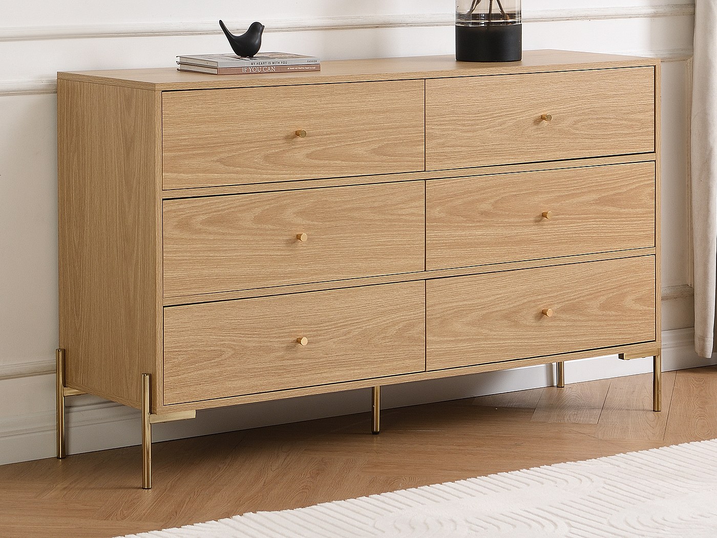 Commode 6 tiroirs en MDF et métal coloris naturel et doré - MILAVIA de ...