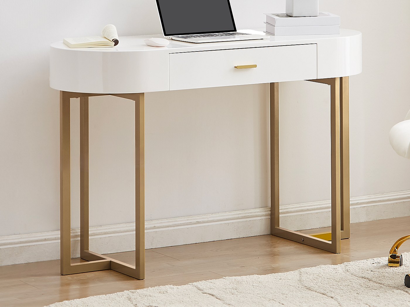 Escritorio consola con 1 cajón de MDF lacado y metal blanco y dorado ...