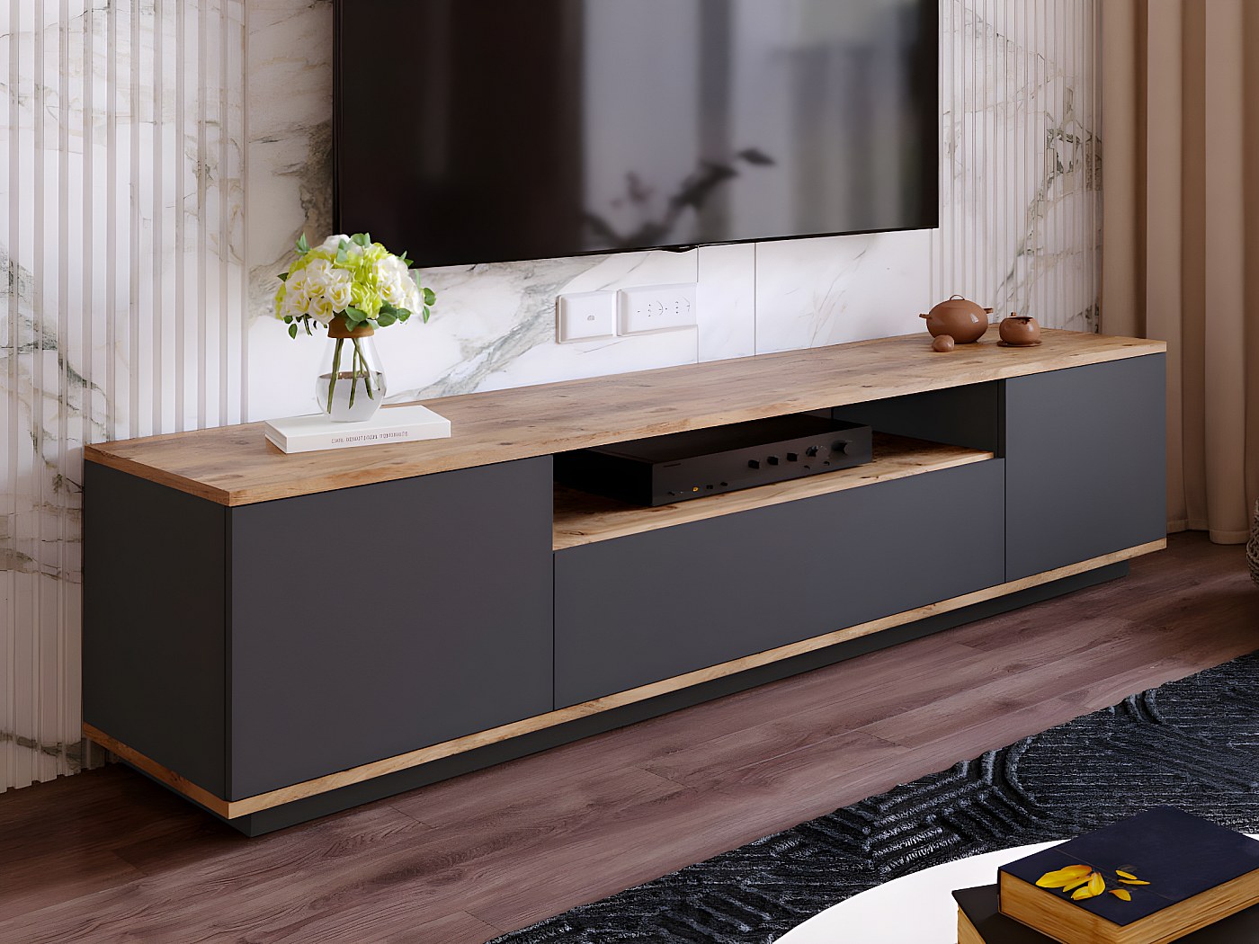 Meuble TV avec 3 portes et 1 niche - Anthracite et naturel - LOTULA