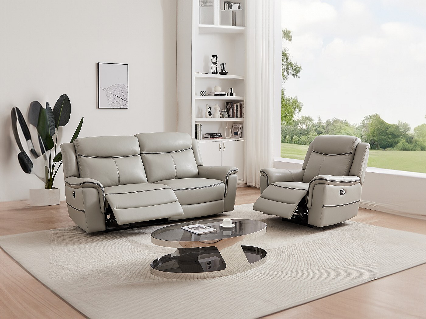 Relaxsofa 3-Sitzer & Relaxsessel elektrisch - Leder - Hellgrau - ADELIO ...