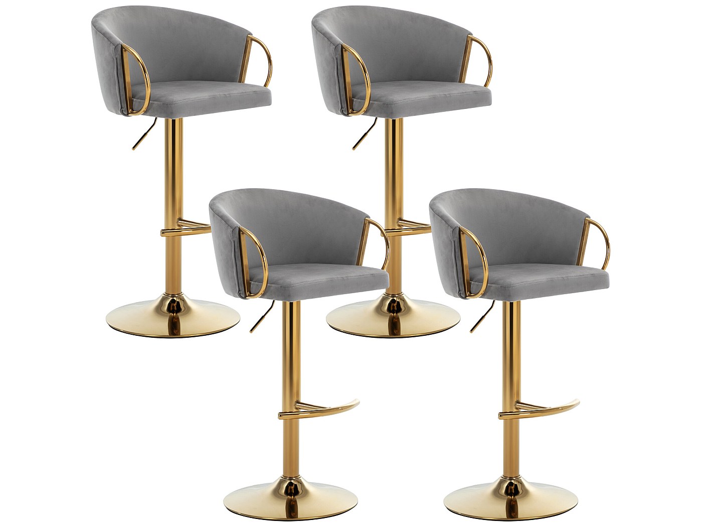 Lot de 4 tabourets de bar - Hauteur Ajustable - Velours - Gris et métal doré