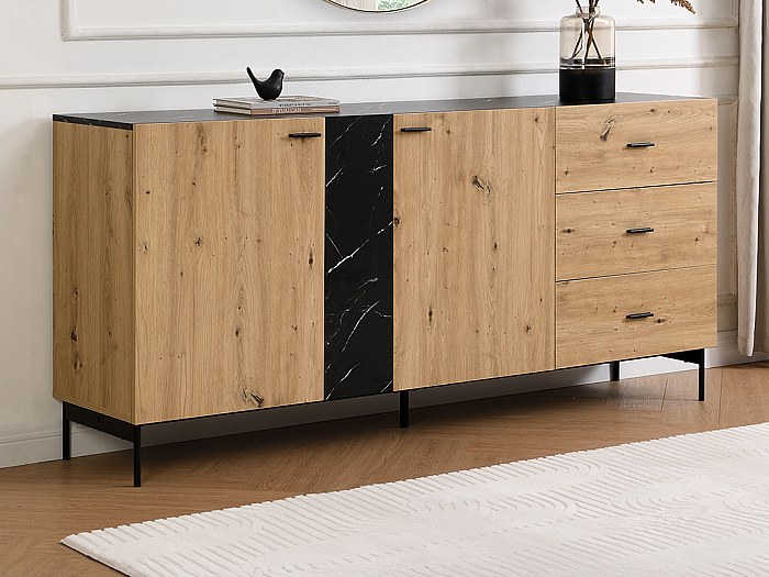 Buffet avec 2 portes et 3 tiroir en MDF - Naturel et Effet marbre noir ...