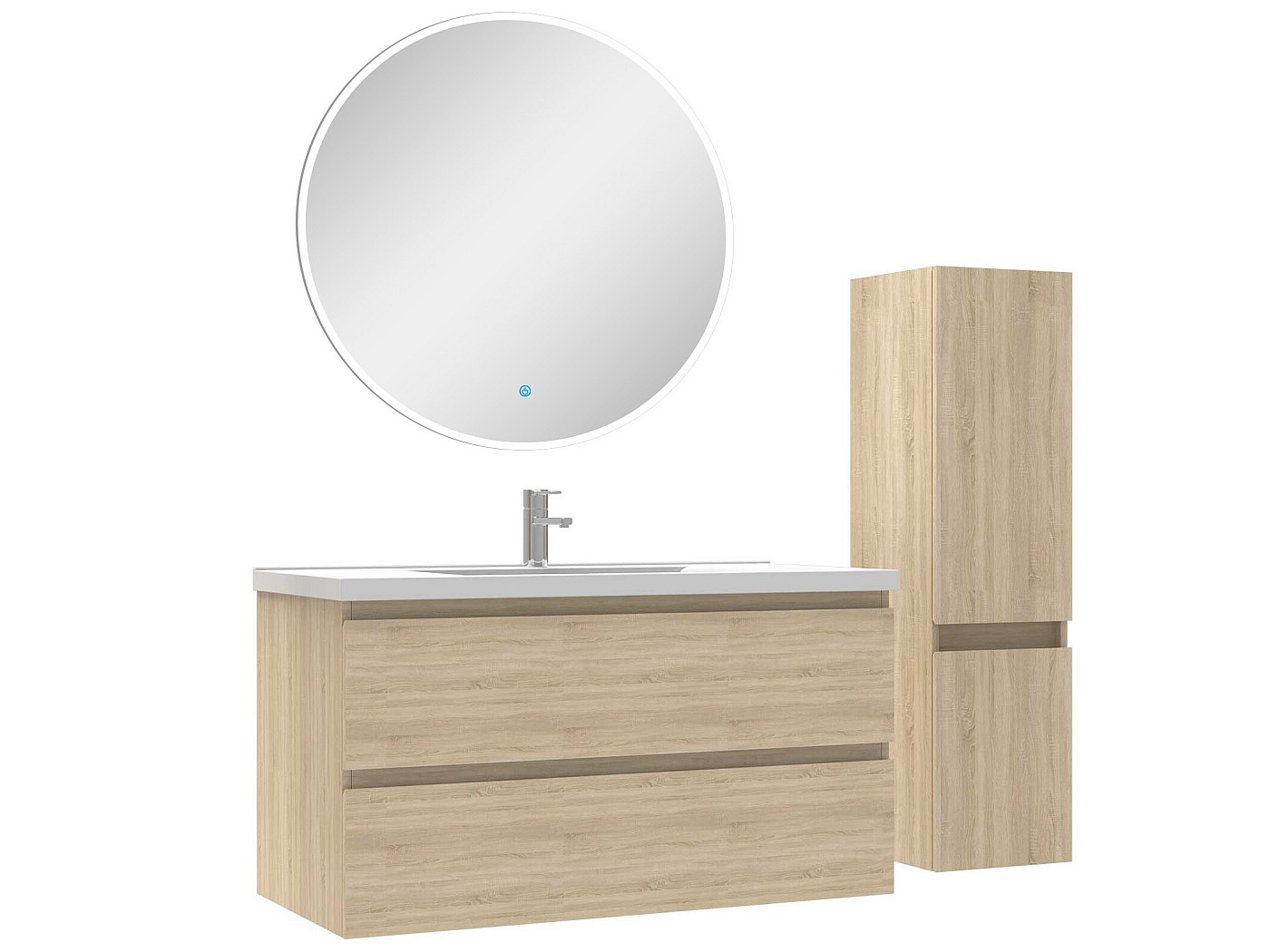 Ensemble meubles Salle de Bain 100cm vasque + colonne + miroir rond lumineux Chêne Wotan