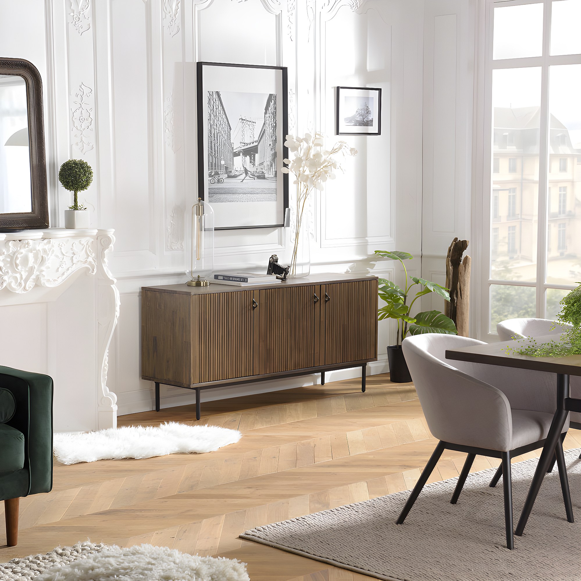 Buffet 3 portes en acacia avec pieds en métal noir