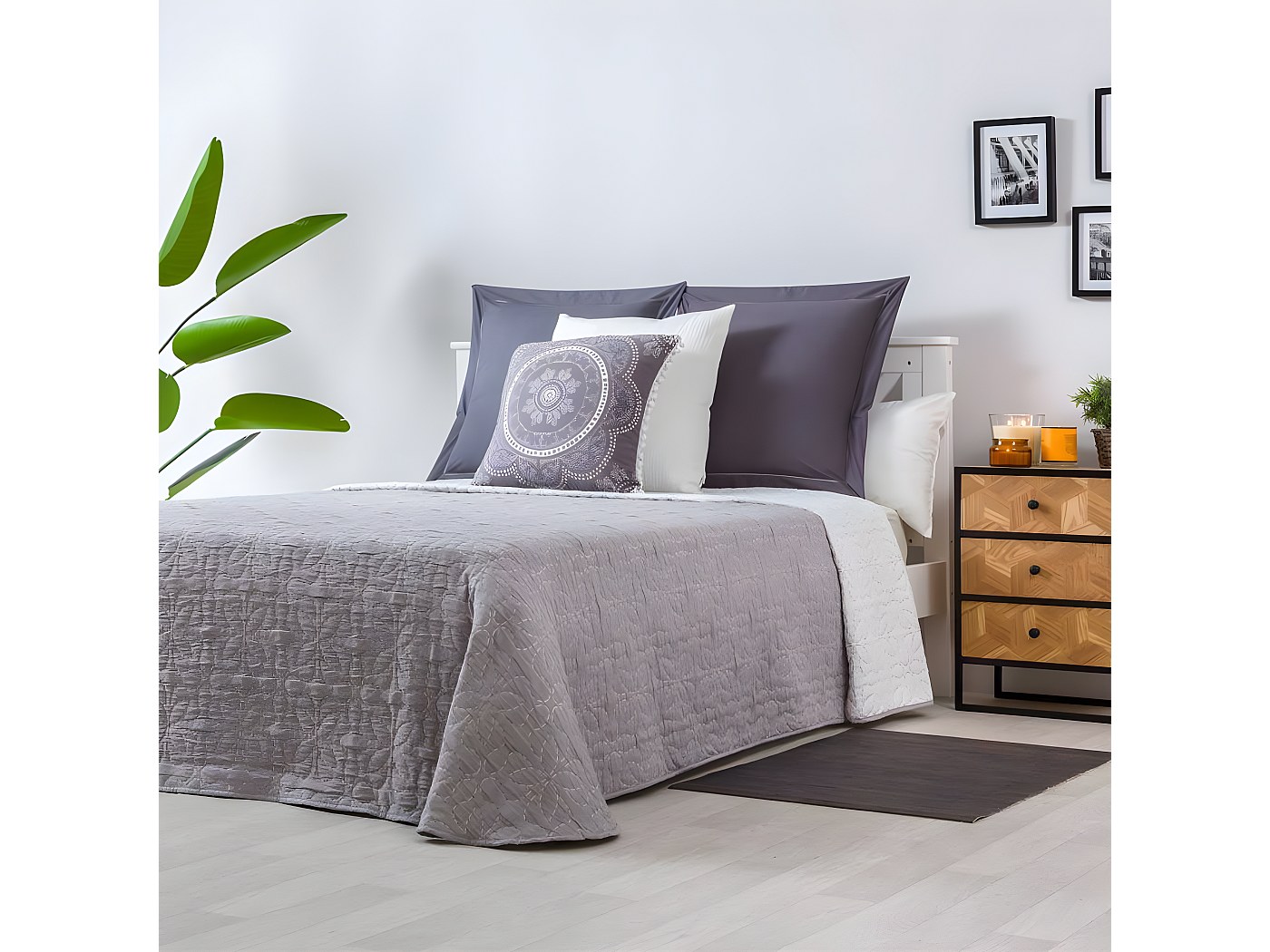 Colcha primavera verano SANTILLANA GRIS algodón poliéster cama de 160