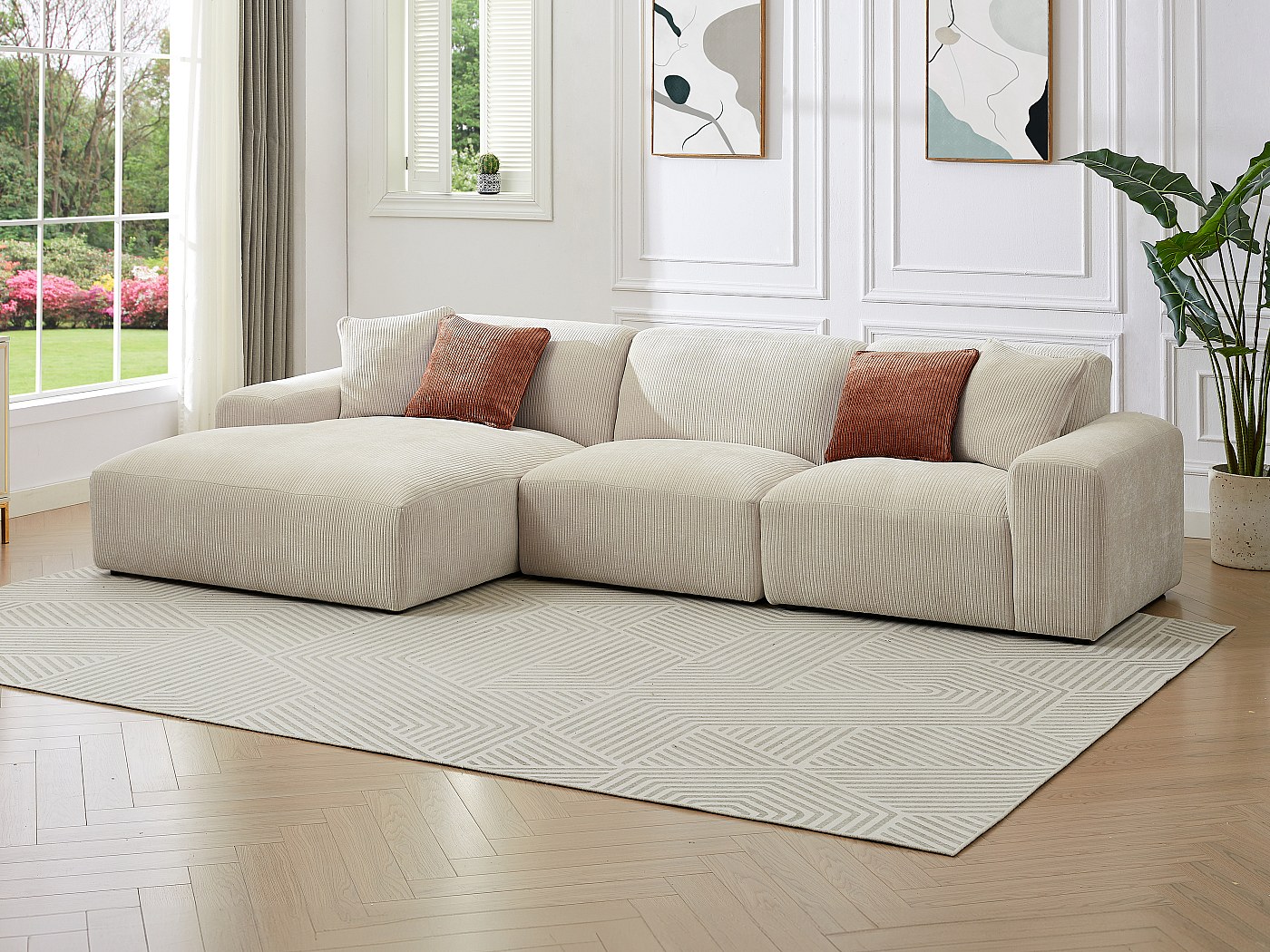 Grote hoekbank met hoek links van beige ribfluweel TIRONO van Maison Céphy