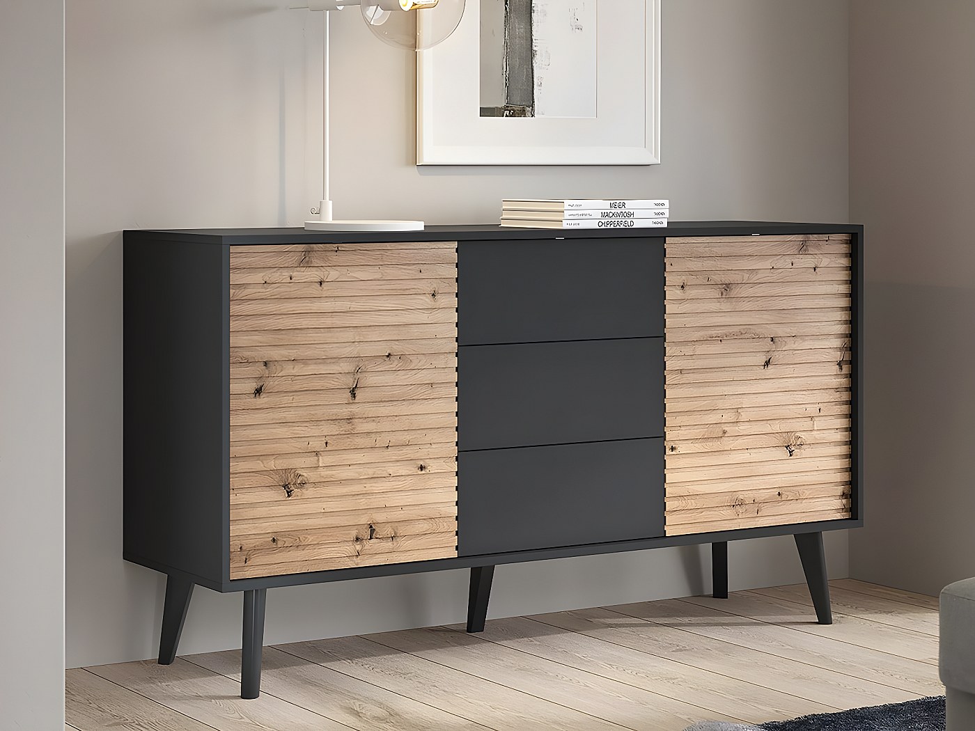 Commode en bois MDF "Silas" Noir/Chêne artisanal - 2 portes et 3 tiroirs