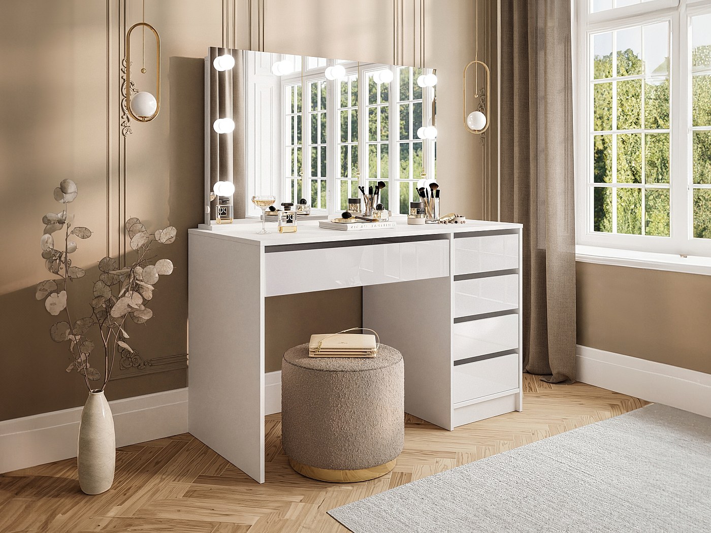 Coiffeuse avec miroir à LEDs 5 tiroirs couleur blanc brillant - JENEMI