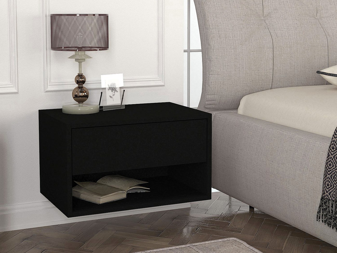 Table de chevet suspendue lot de 2 avec 1 tiroir et 1 niche noir - RITAMI