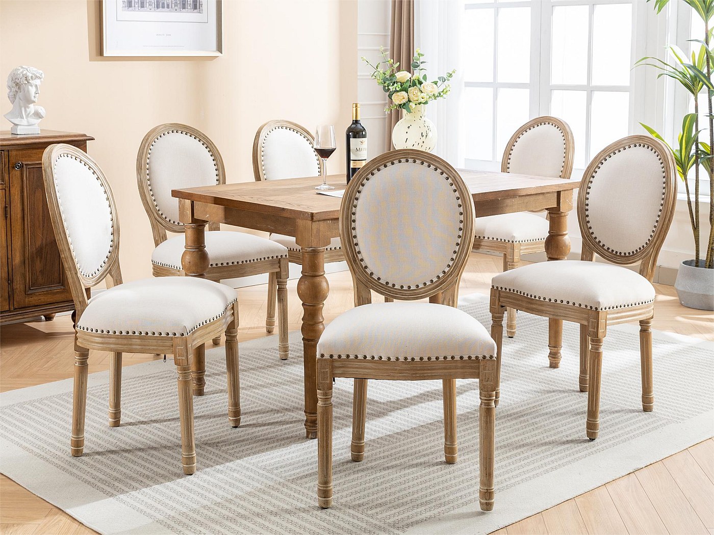 Lot de 6 Chaises rembourrées en lin avec dossier rond et pieds ...