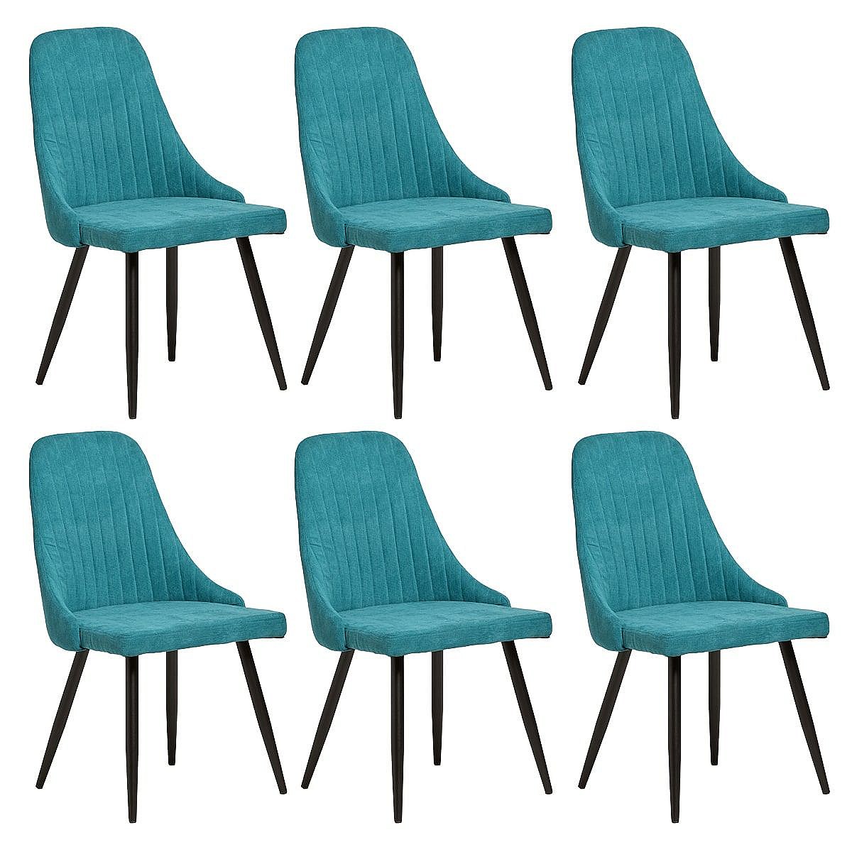 ANNA - Lot de 6 Chaises Tissu Turquoise et Pieds Noirs