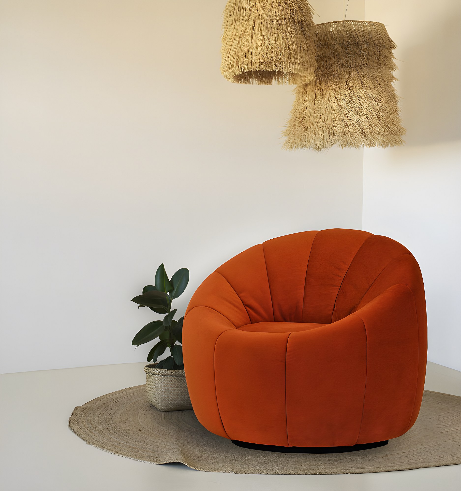 Fauteuil rond tissu velours orange cuivré et pied rotatif 360° - HELIO