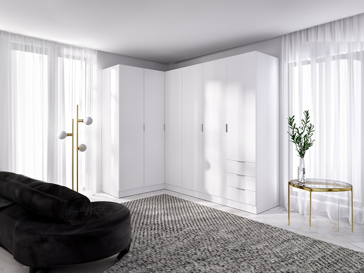 Roupeiro de canto com 6 portas e 3 gavetas C213 cm branco - LISTOWEL