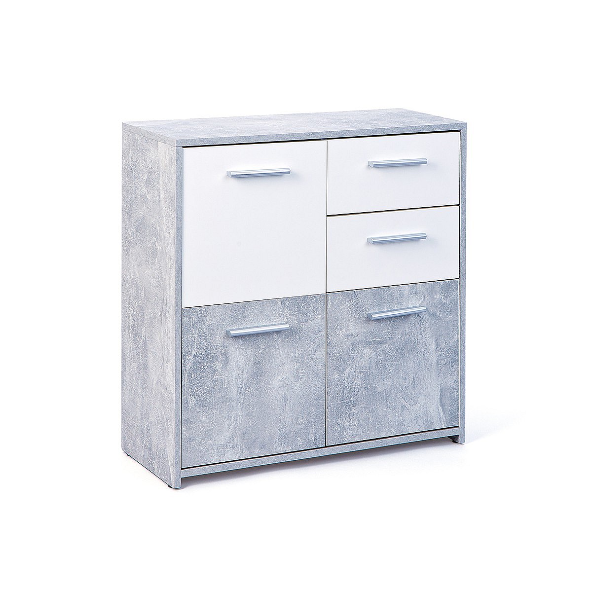 MARRY - Meuble 3 Portes 2 Tiroirs Imitation Béton et Blanc