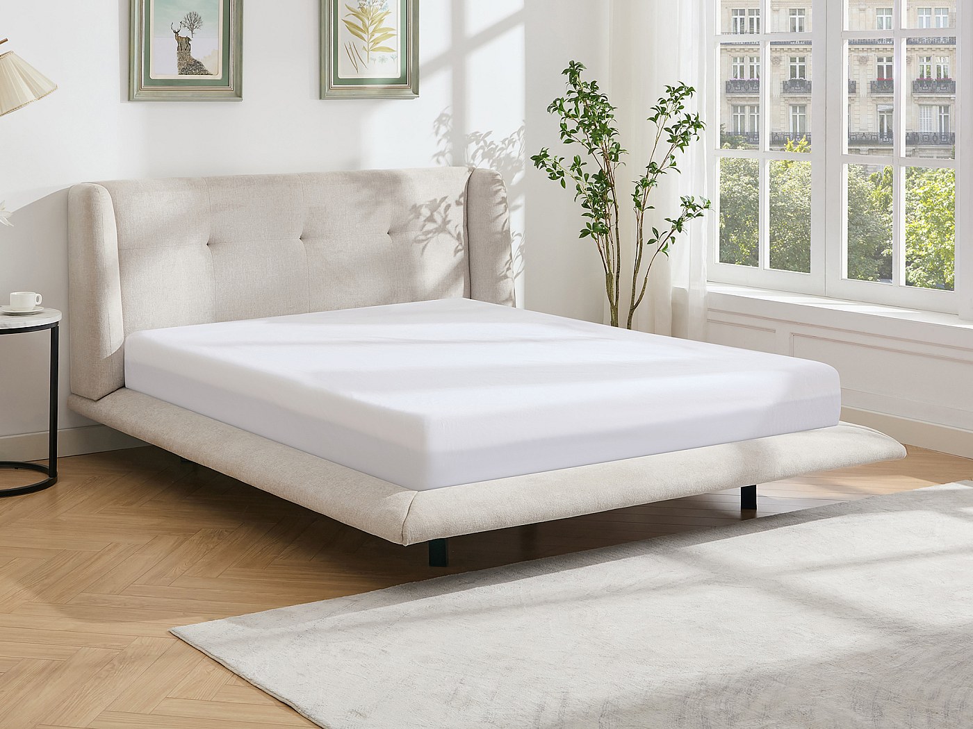 Lit queen size 160 x 200 cm avec tête de lit capitonnée en tissu et ...