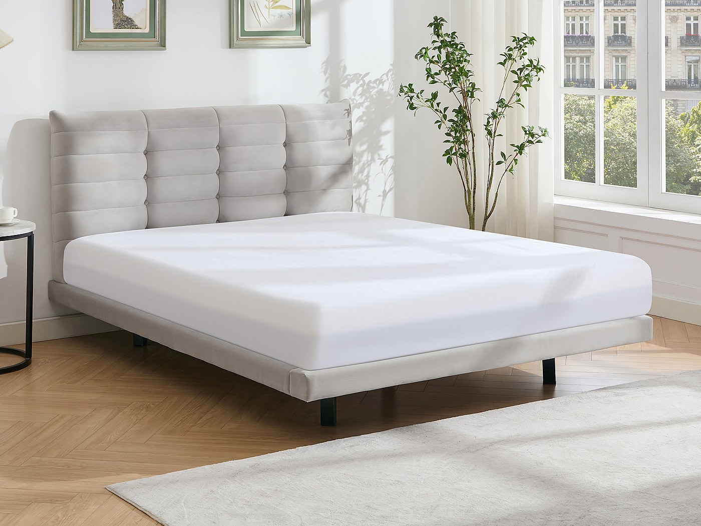 Lit queen size 160 x 200 cm avec tête de lit capitonnée en velours gris ...