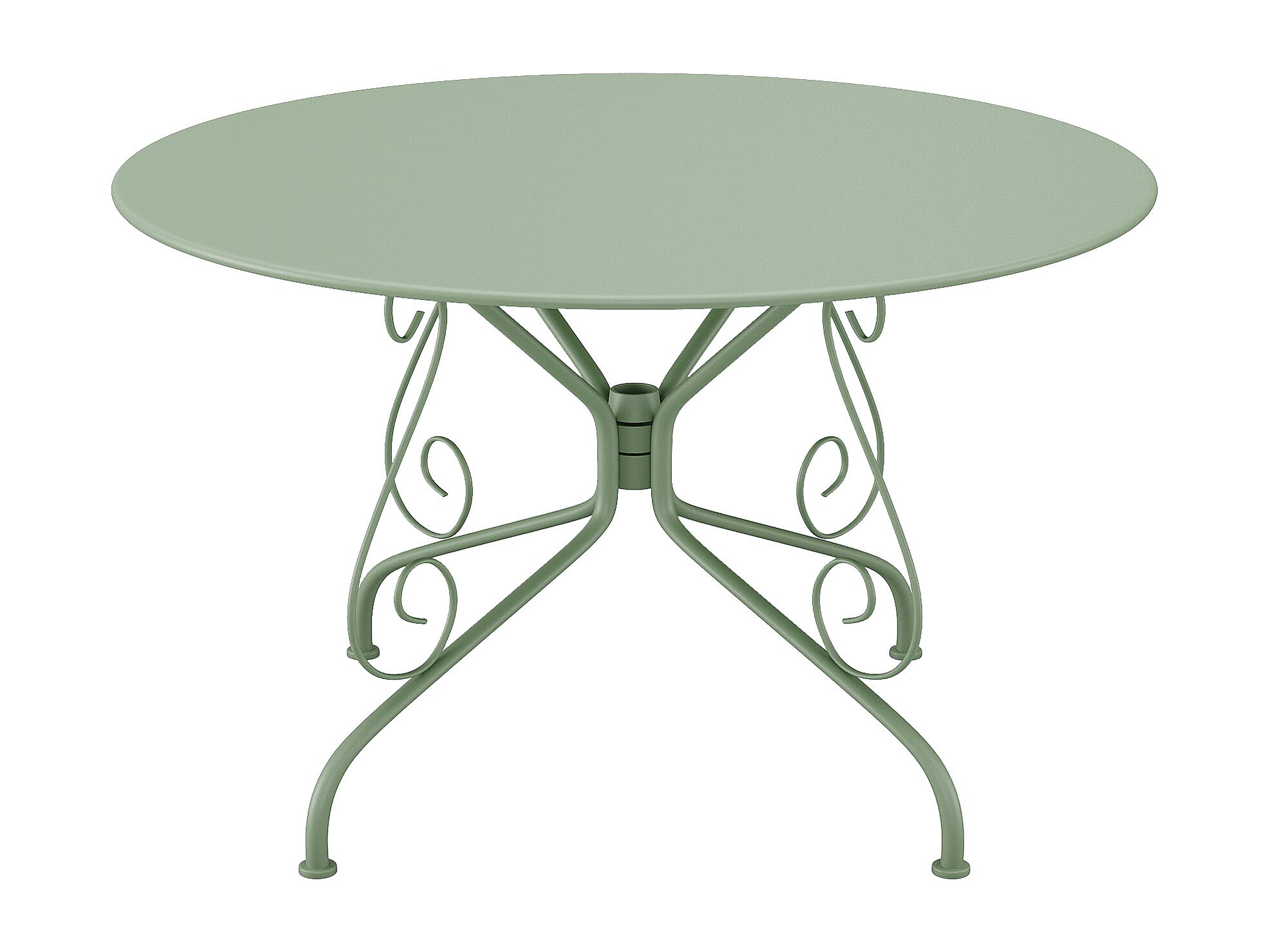 Zestaw mebli ogrodowych jadalnianych z metalu w migdałowej zieleni: okrągły stół i 4 krzesła z ...