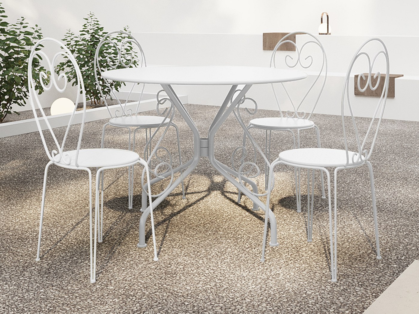 Salle à manger jardin en métal fer forgé table ronde et 4 chaises blanc ...