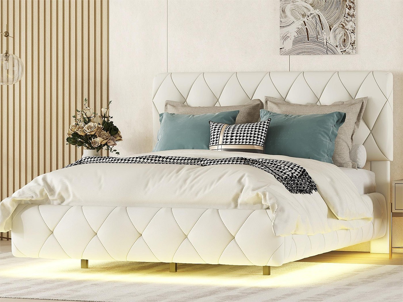 Lit double capitonné 140x200cm avec LED en bas de lit - Beige