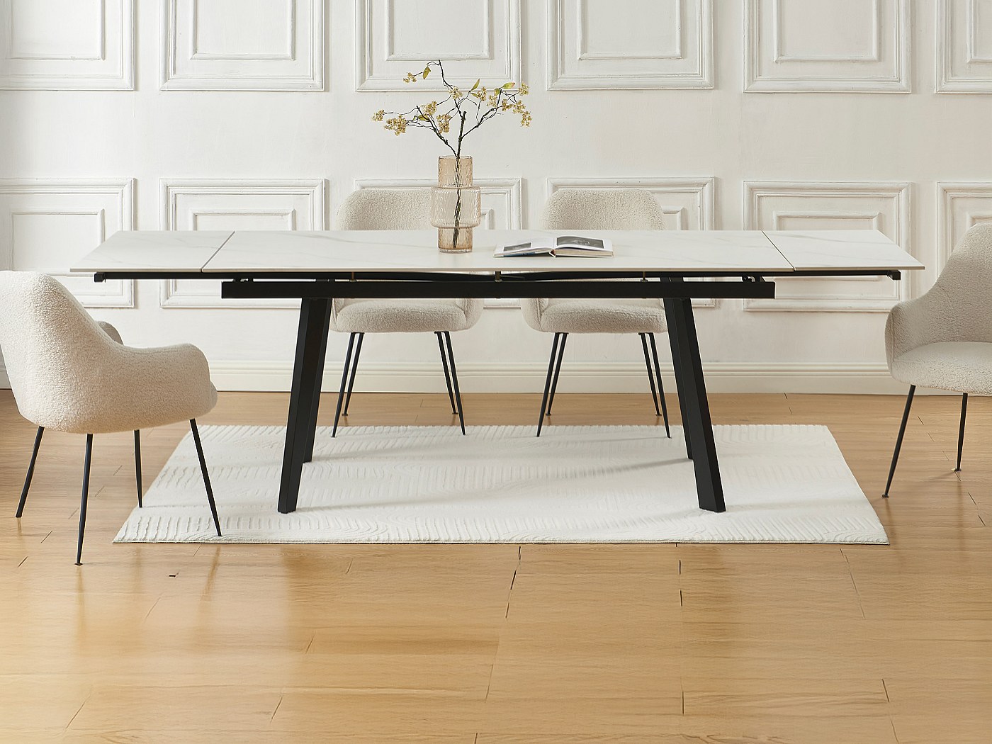 Table à manger extensible en céramique et métal - Effet marbre blanc et ...