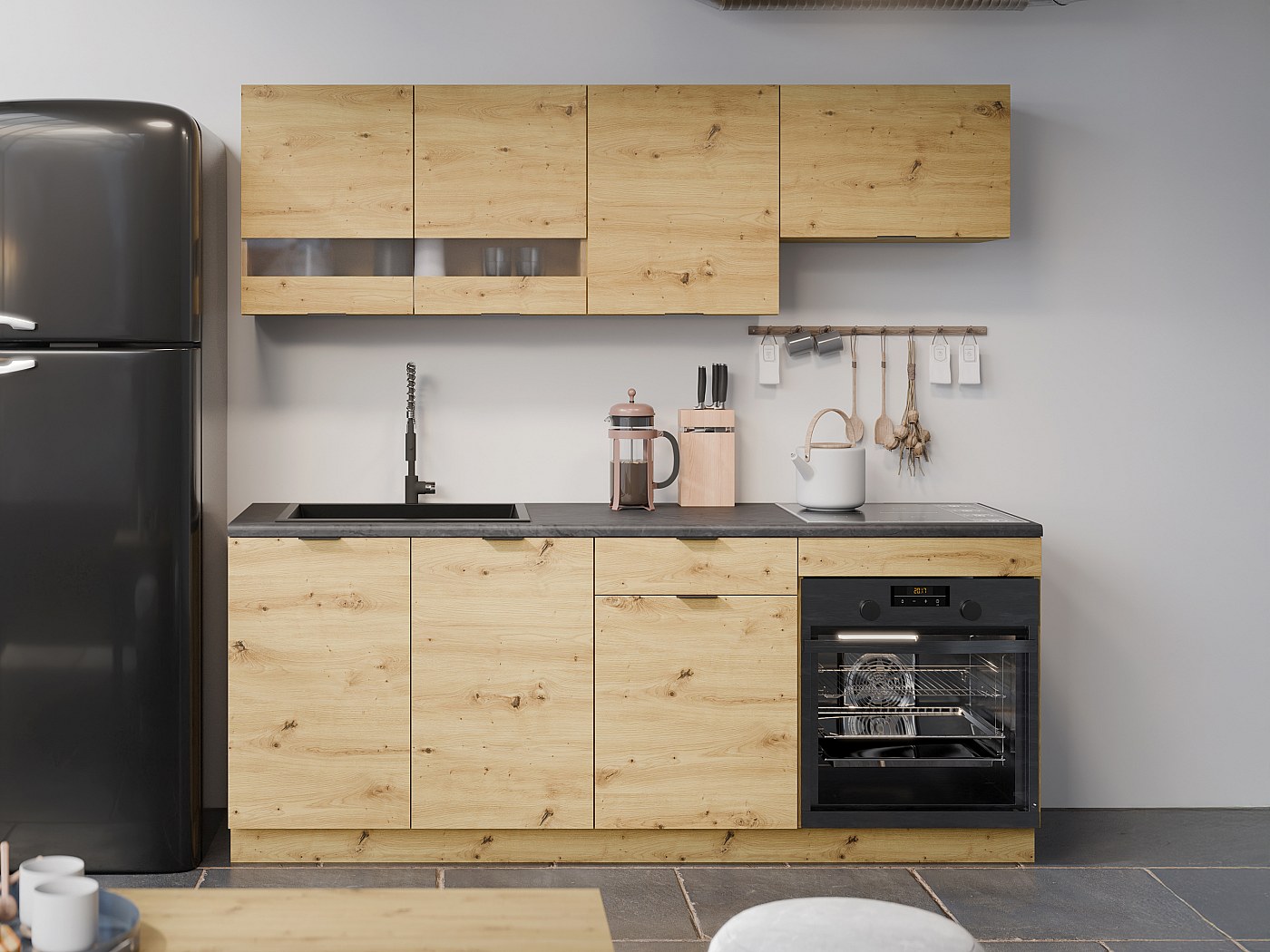 Cuisine complète - Avec plan de travail 200 cm - Naturel et Anthracite ...