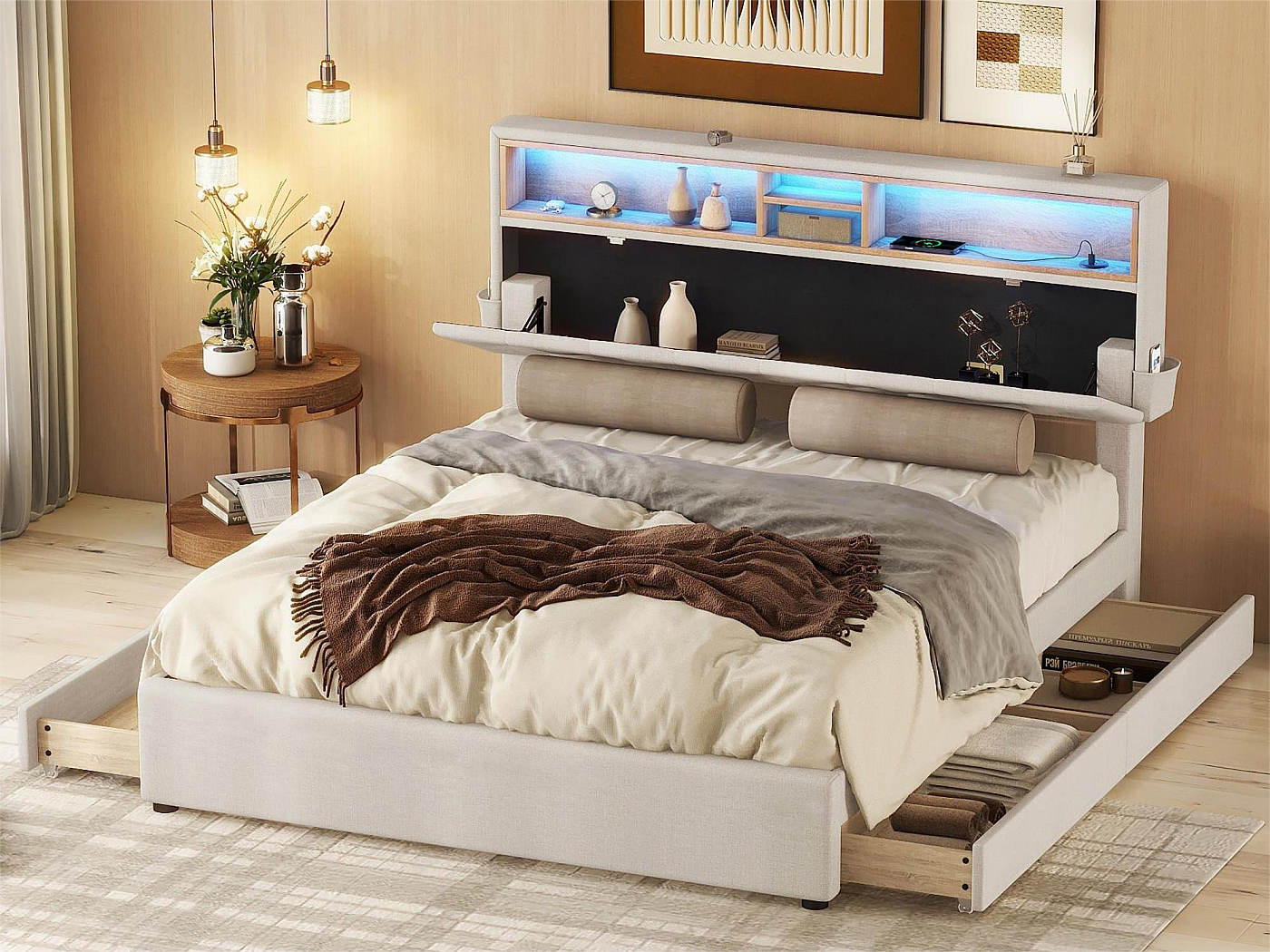 Letto con testiera contenitore - 140 x 200 cm - 4 cassetti - LED - beige
