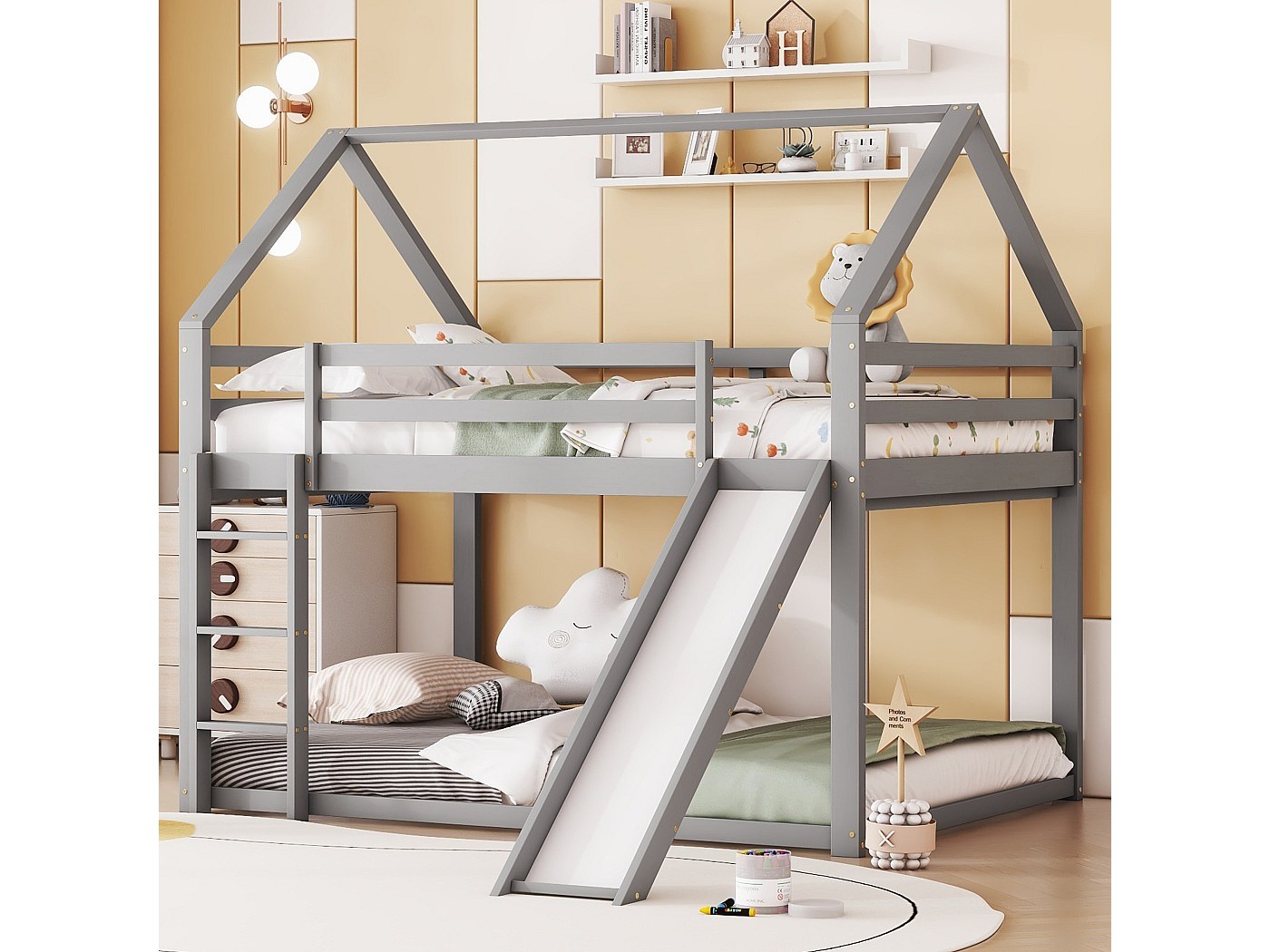 Litera - 2 x 140 x 200 cm - cama alta - tobogán - pino y MDF - gris