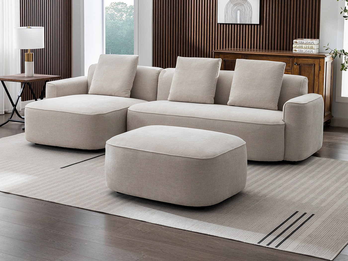 Divano con pouf in Tessuto testurizzato Beige Angolo a sinistra POMIANGO