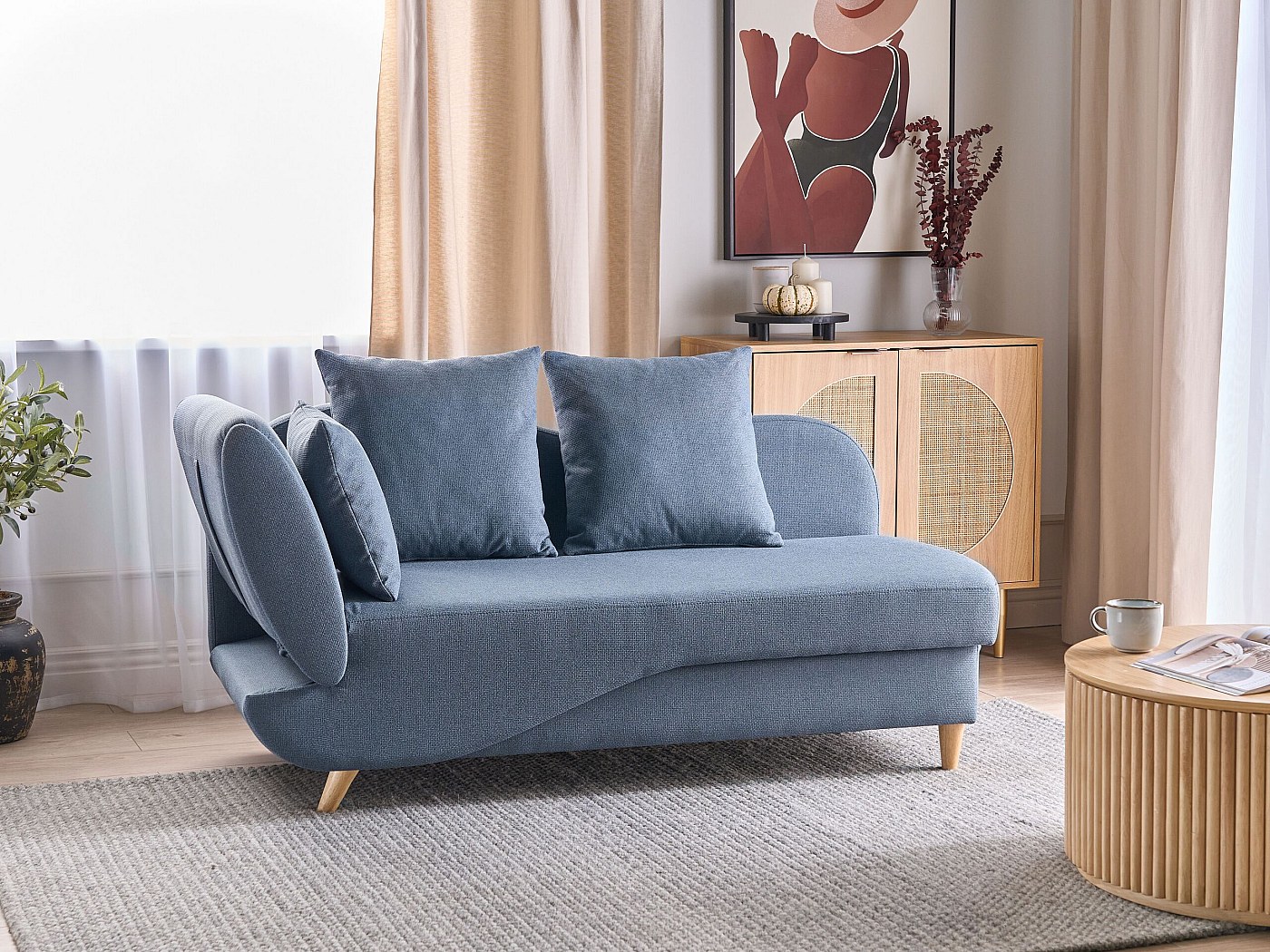 Chaise-longue à esquerda com arrumação em linho azul escuro MERI II