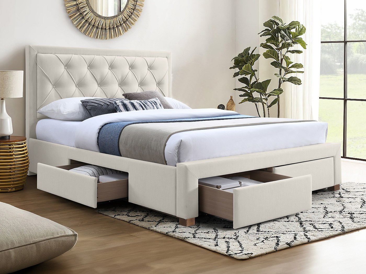 Letto con Cassetti 180 x 200 cm in Tessuto Beige LEOPOLD