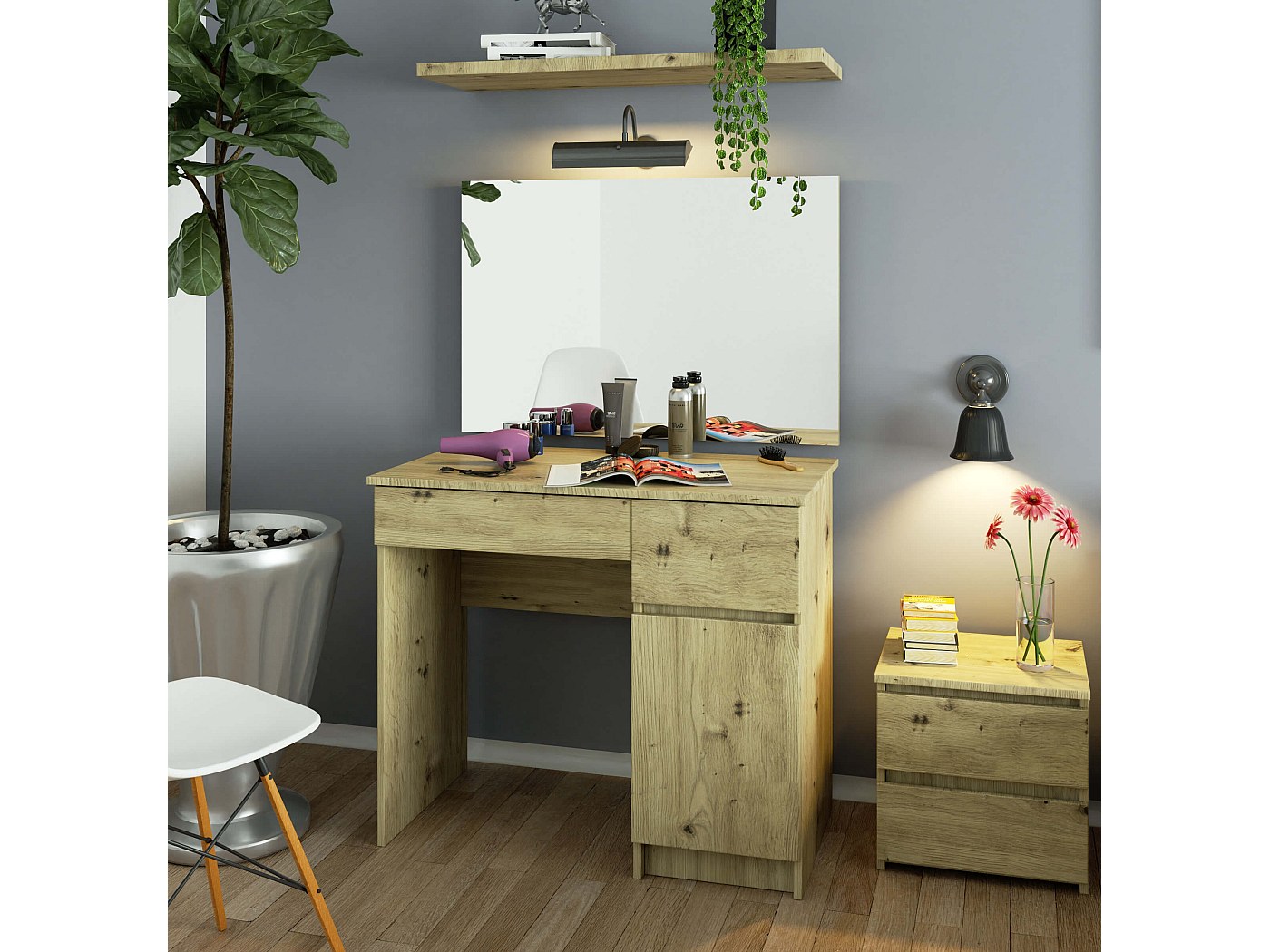 Table de coiffeuse AKORD droite avec miroir P2 Chêne Artisan 90 cm 1 ...