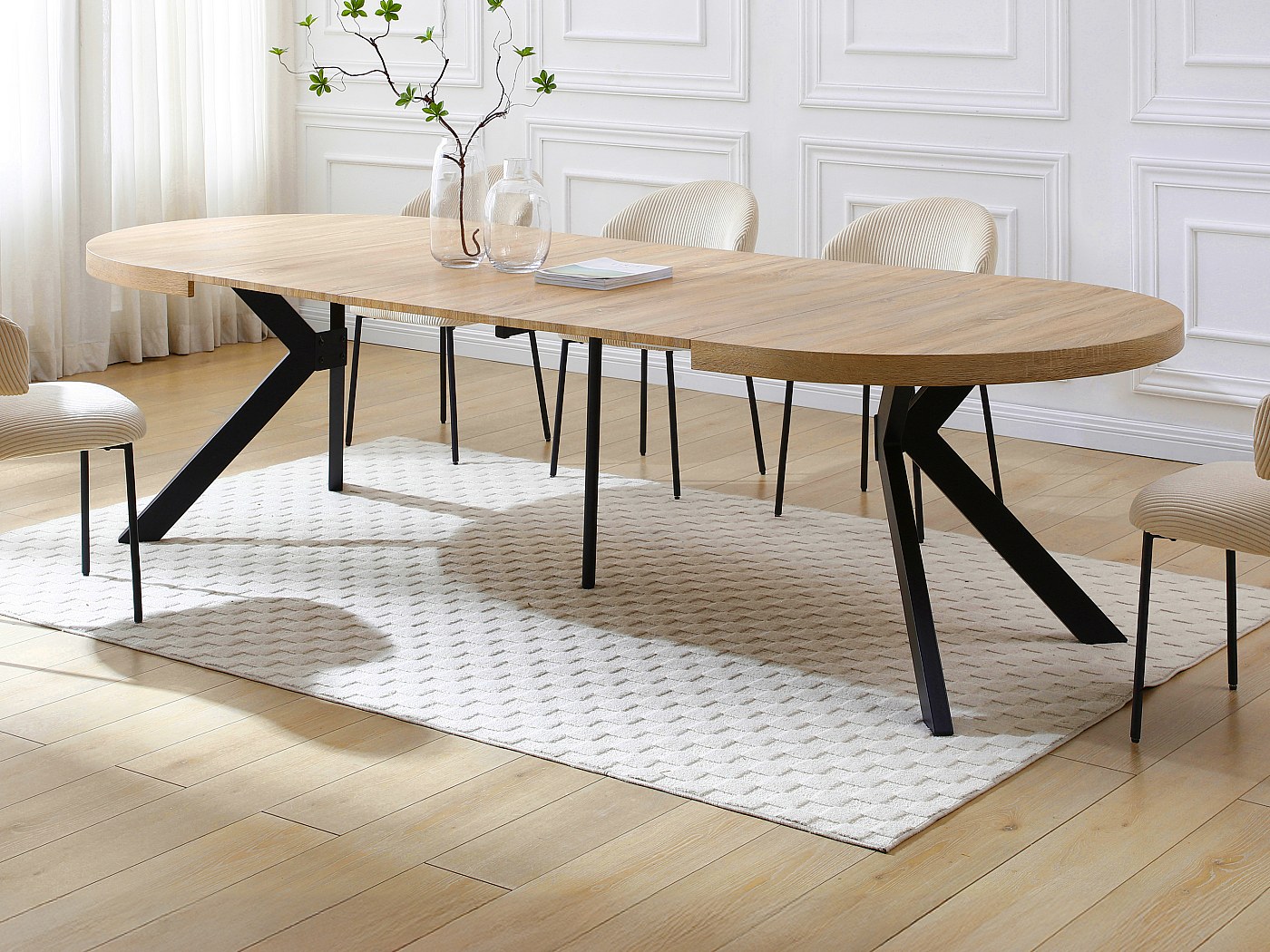 Table à manger extensible 6 à 12 couverts en MDF et acier - Naturel et ...