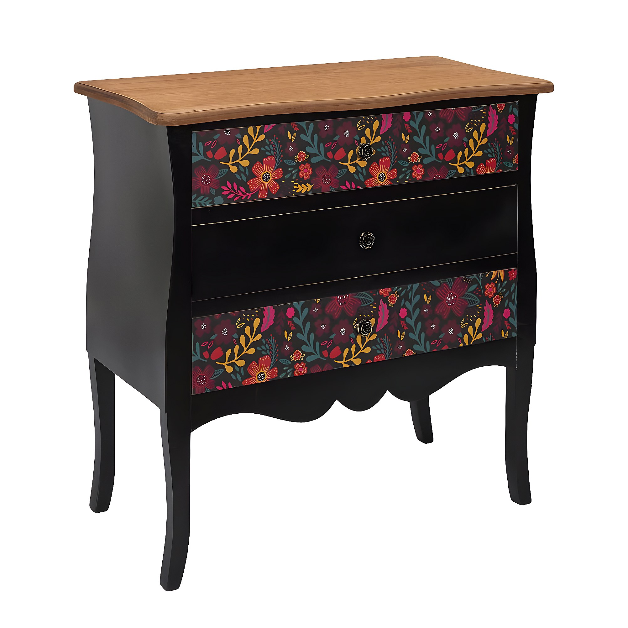 FRIDA - Commode 3 Tiroirs Noire et Motifs Fleuris