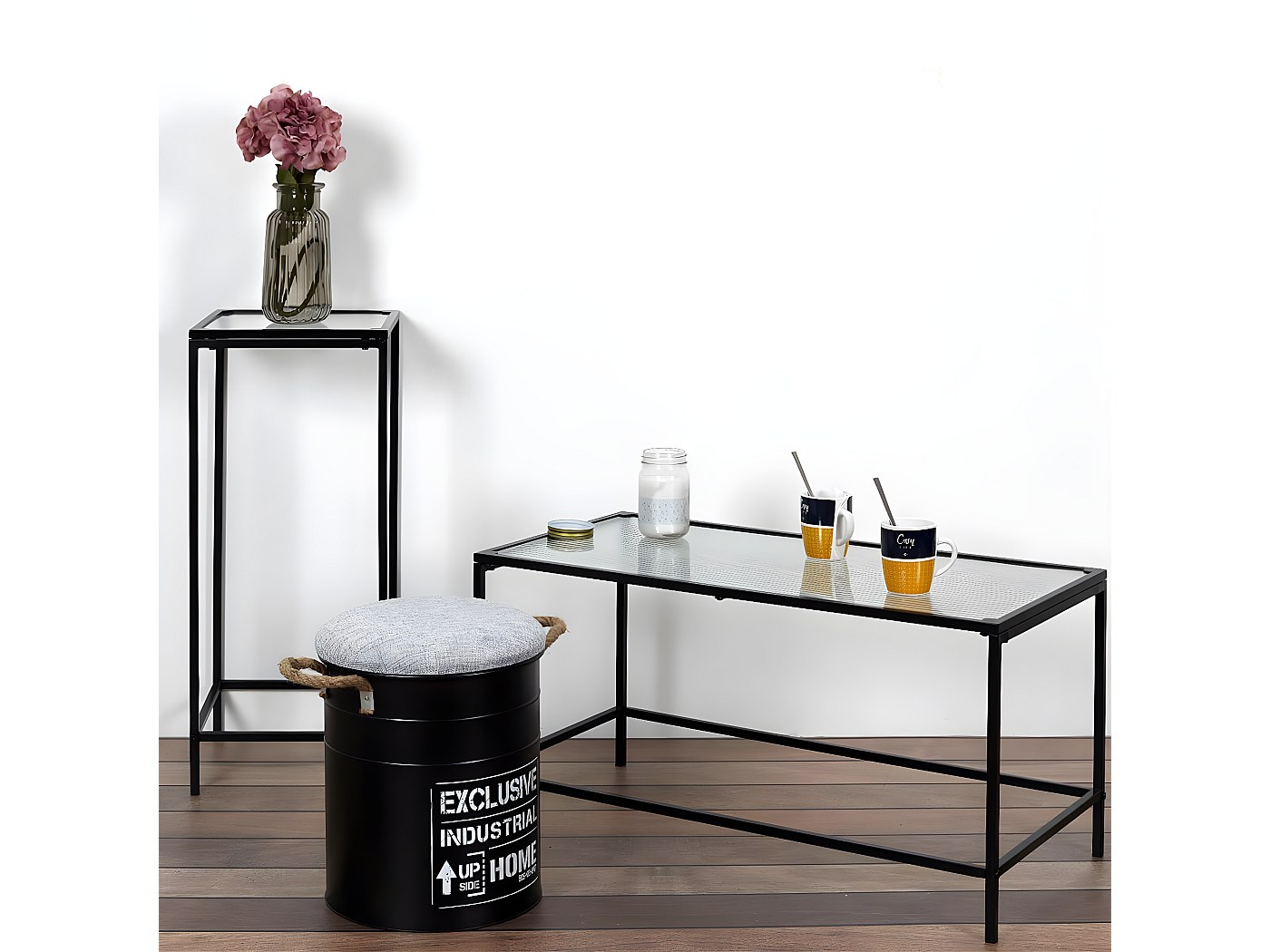 GLASSI - Table Basse Noire Plateau en Verre Texturé
