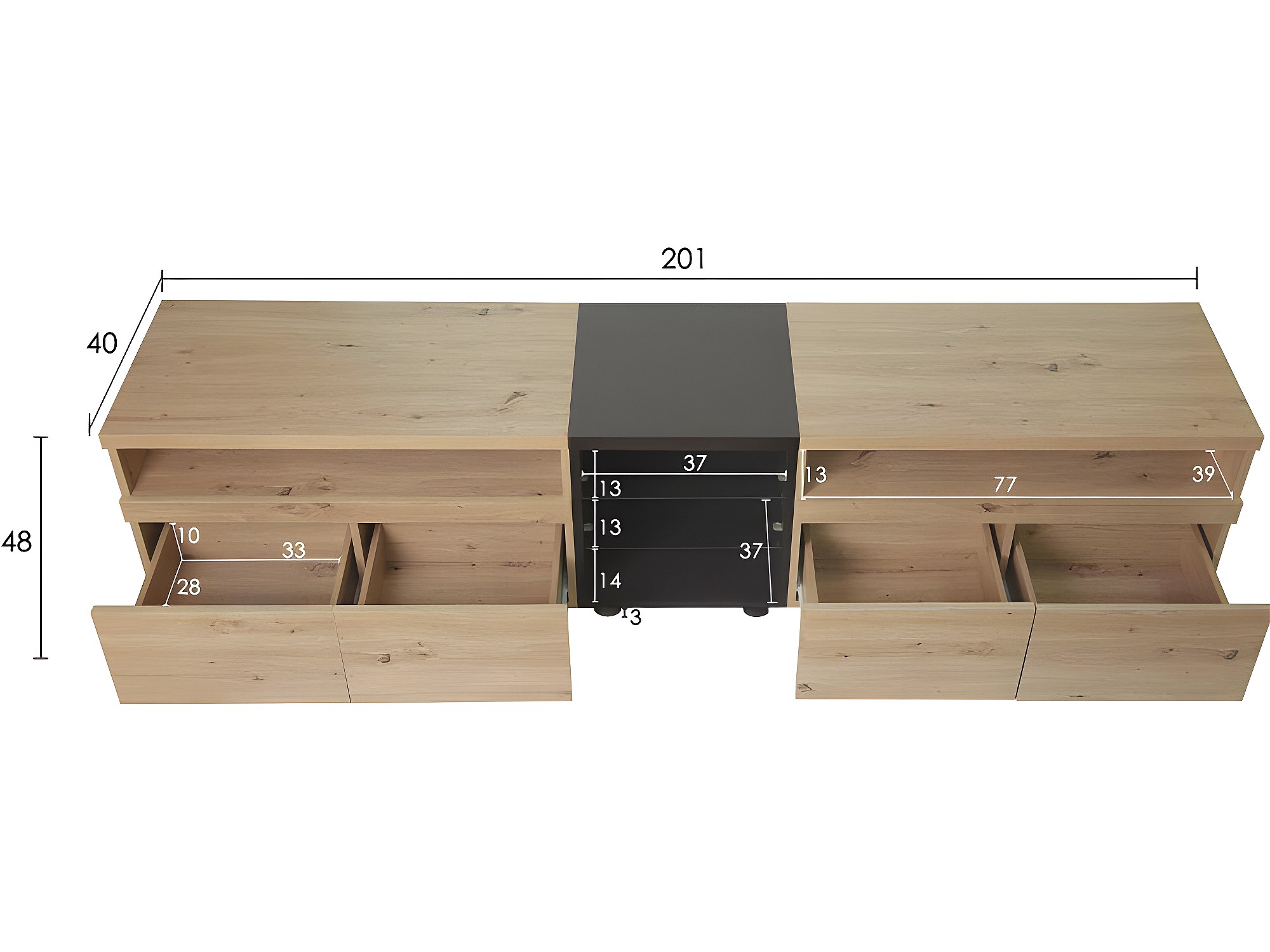 Mueble TV 200 cm - 4 cajones 2 compartimentos 3 nichos de cristal - Natural