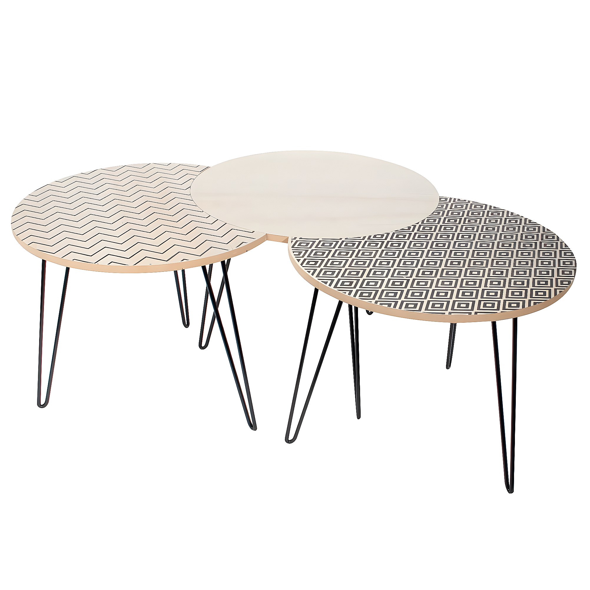 TRYCIA - Trio de Tables Basses Aspect Bois Motifs Noirs