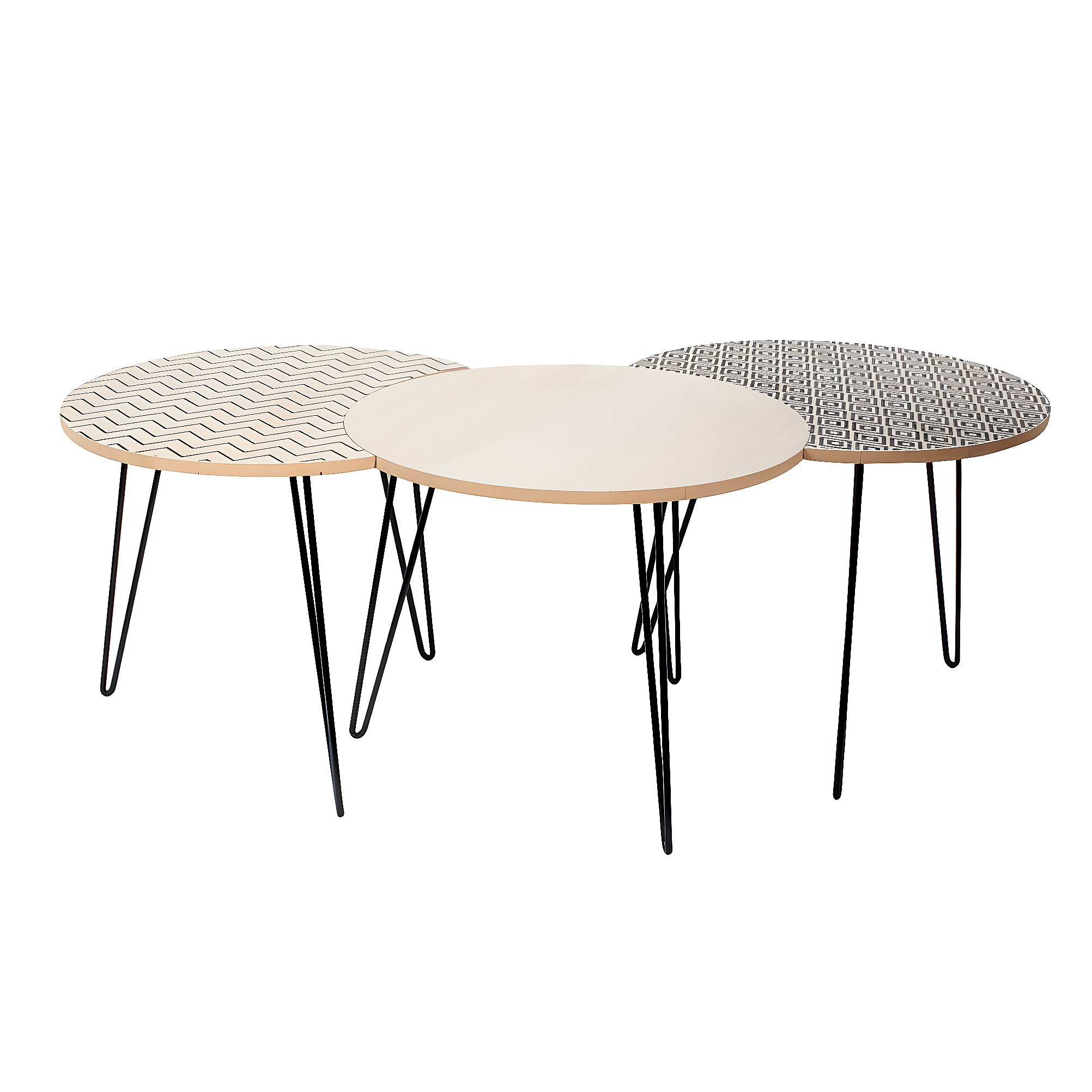 TRYCIA - Trio de Tables Basses Aspect Bois Motifs Noirs