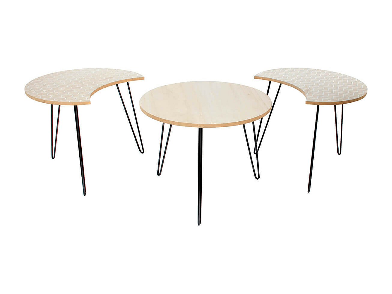TRYCIA - Trio de Tables Basses Aspect Bois Motifs Blancs