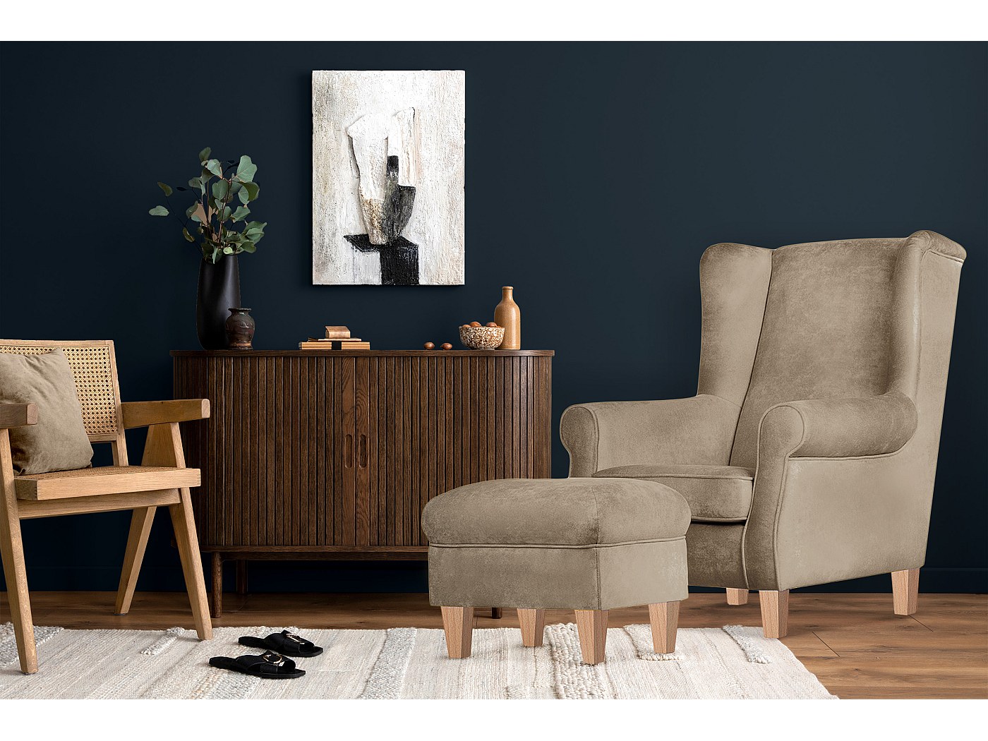 Ohrensessel Set inkl. Sitzhocker - Beige - MILES