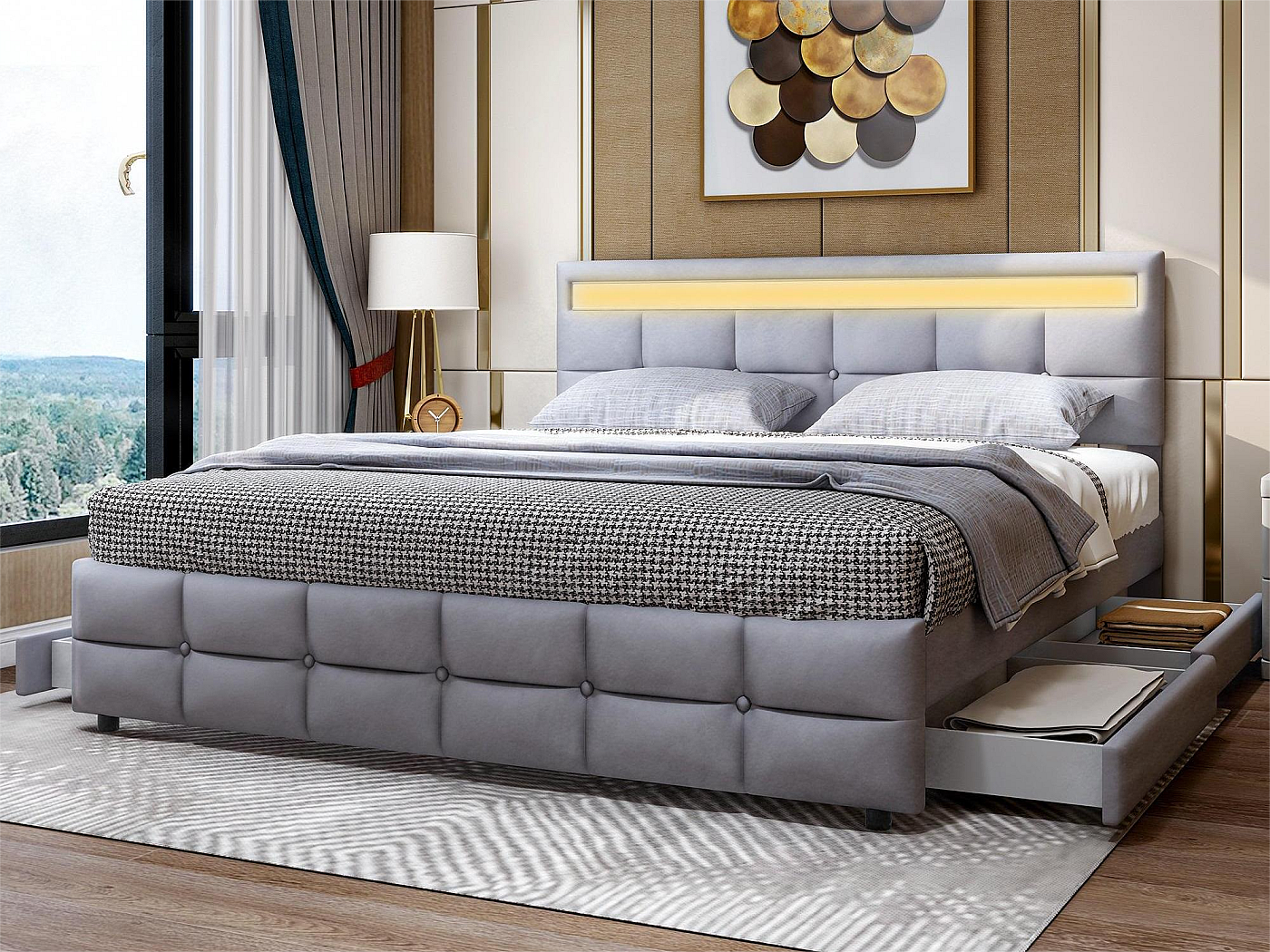 Bed met hoofdeinde - 180 x 200 cm - 4 lades - fluwelen stof - LED verlichting - lattenbodem - grijs