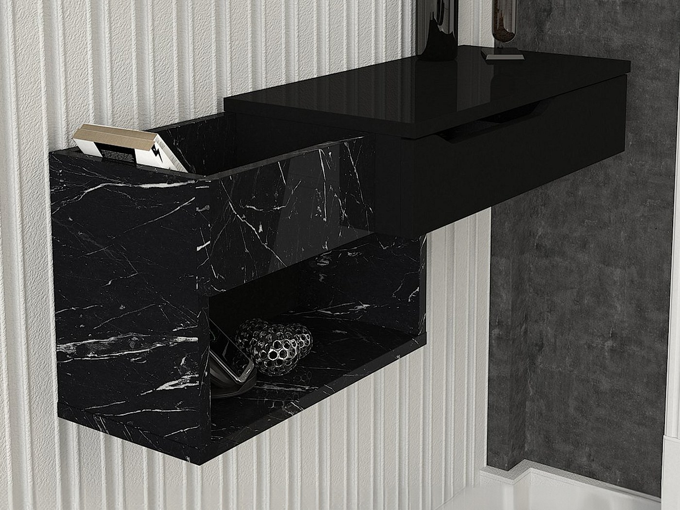 Console suspendue avec 1 tiroir et 2 niches - Effet marbre noir - DAREKA