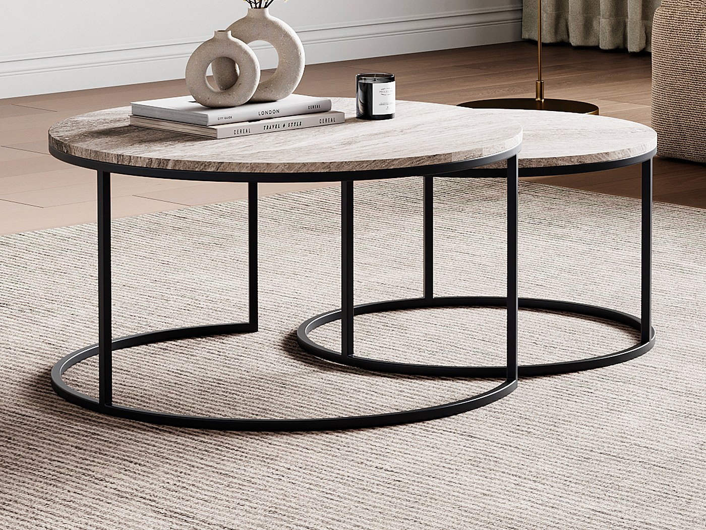 Mesas auxiliares apilables de mármol y metal - Beige y Negro - MABELA